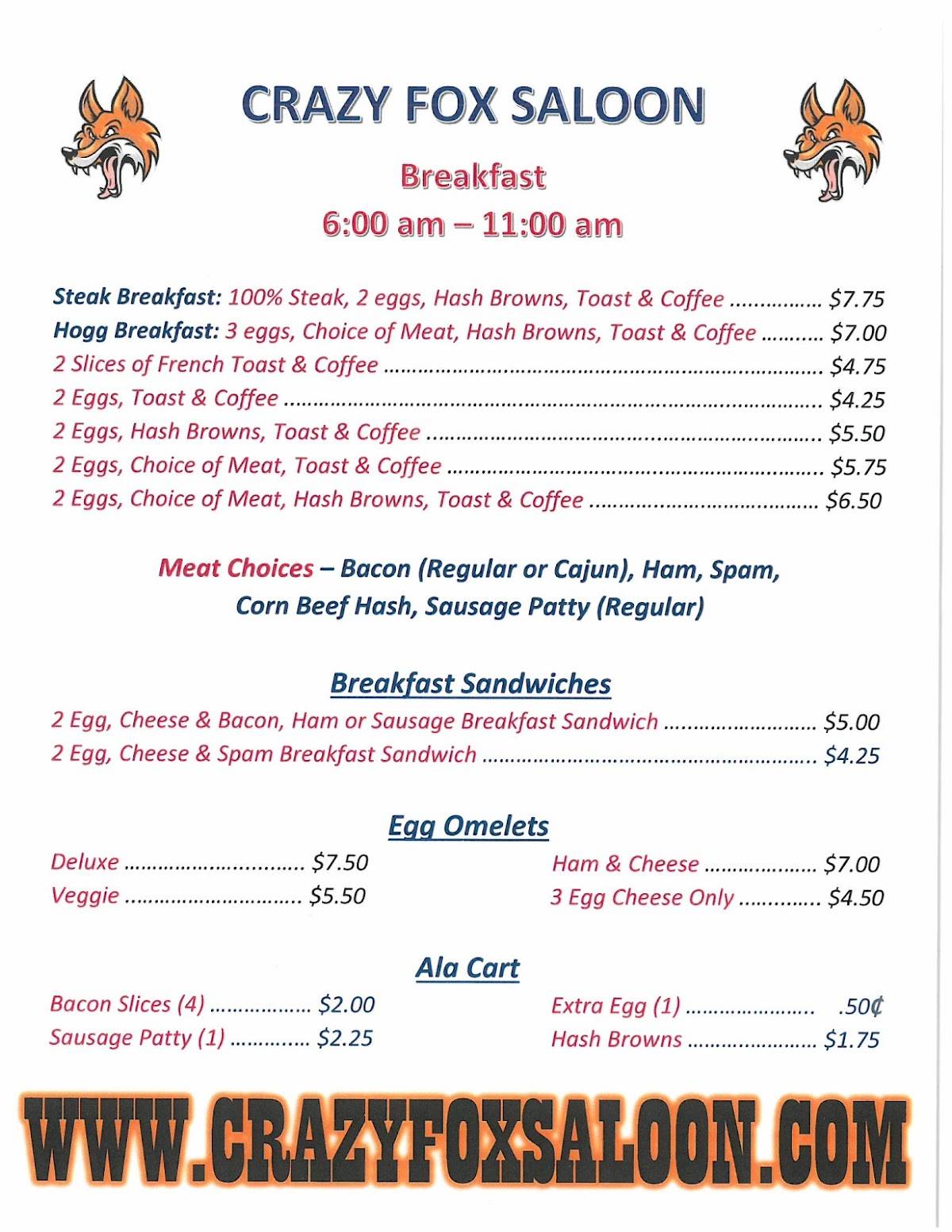 Menu at Crazy Fox Saloon pub & bar, Bucyrus