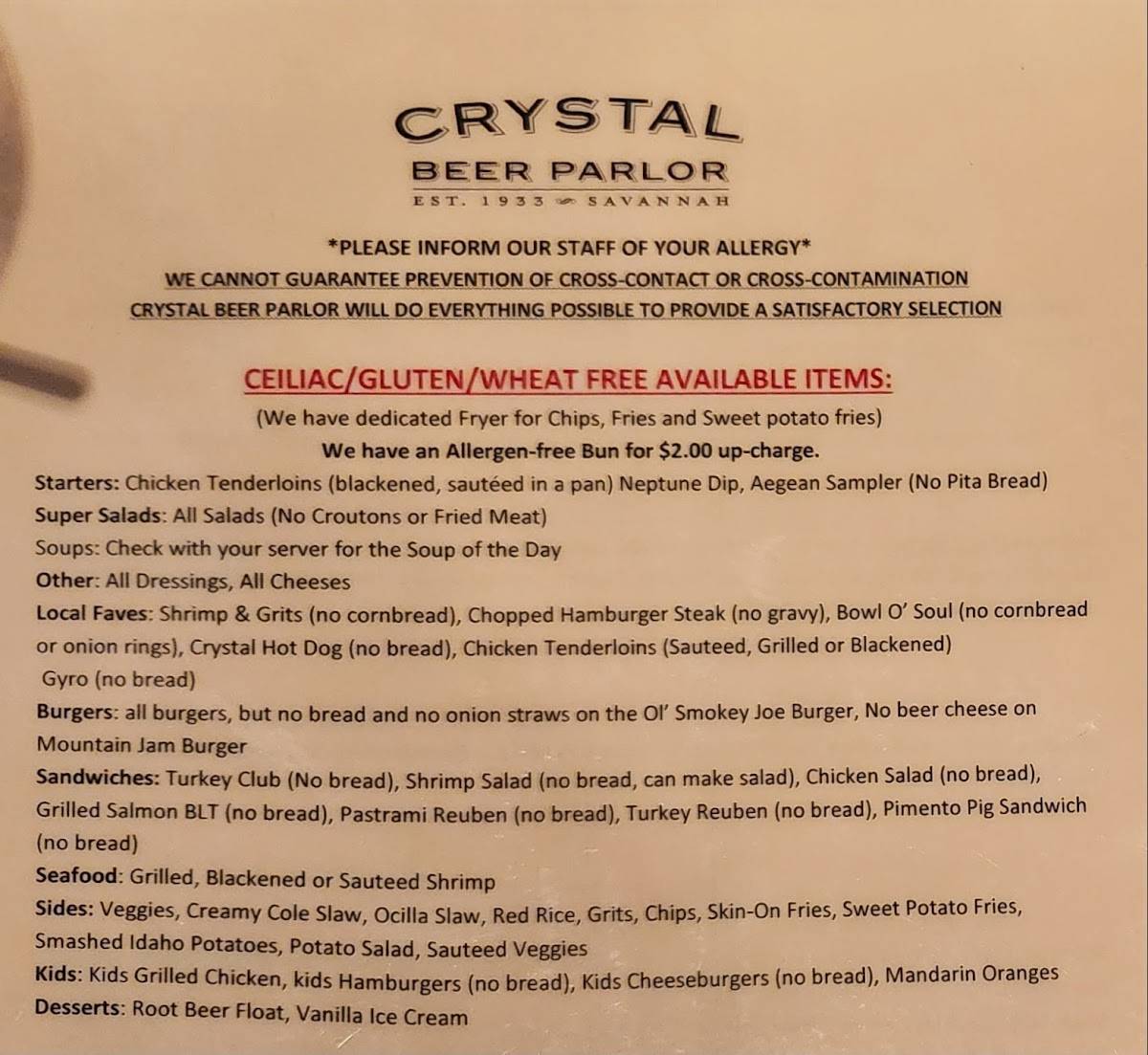 Menu at Crystal Beer Parlor pub & bar, Savannah