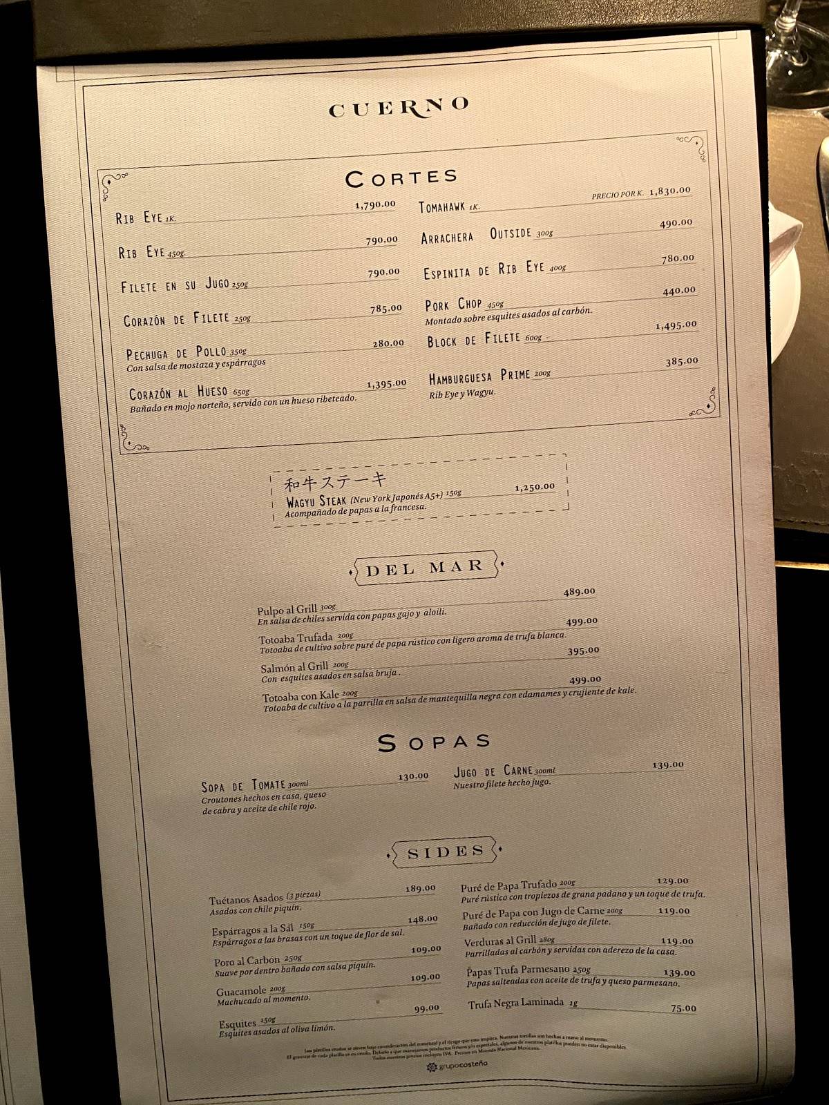 Carta de parrilla Cuerno - CDMX, Ciudad López Mateos
