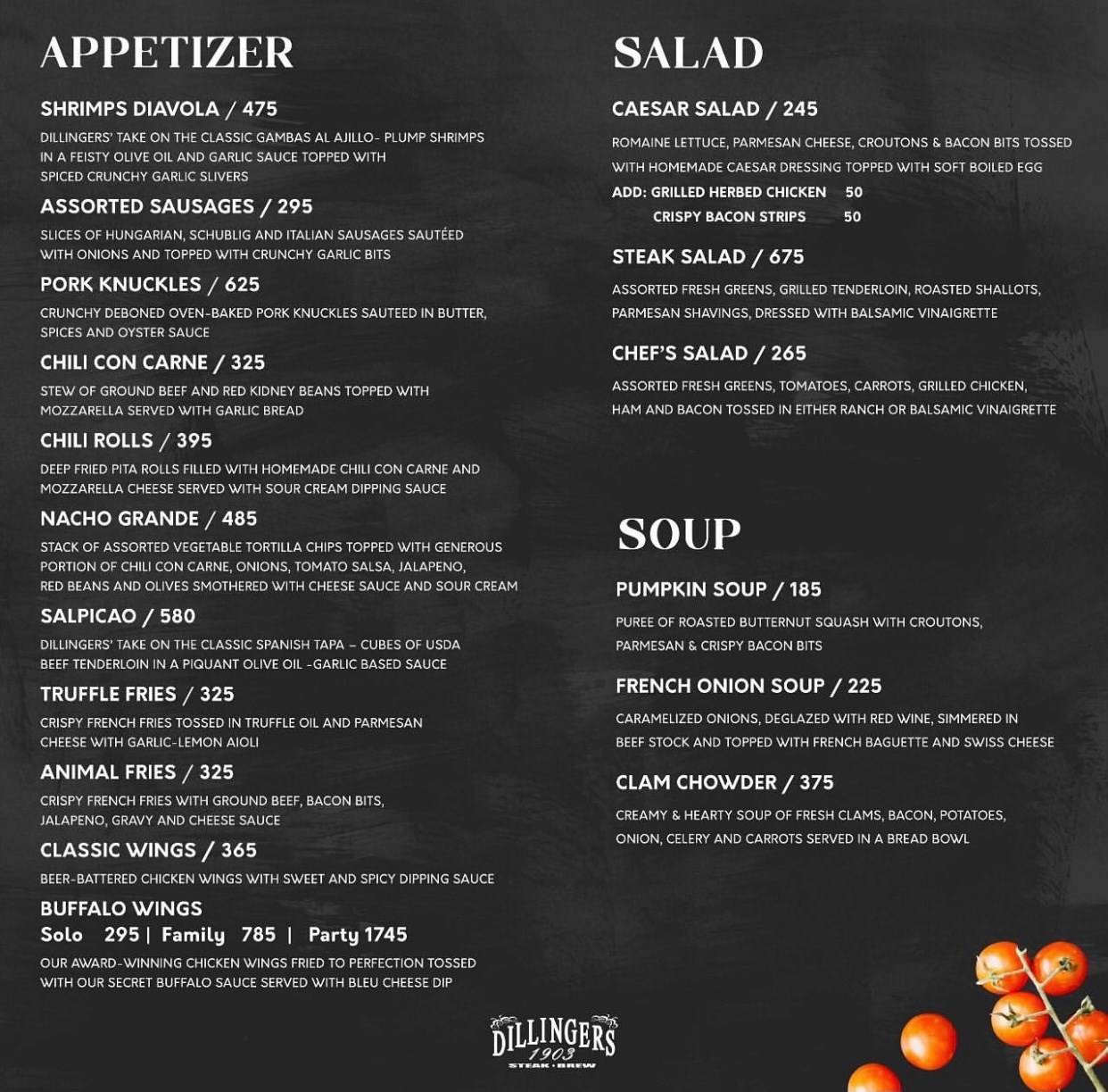 Menu at Dillingers 1903 Steak and Brew pub & bar, Makati