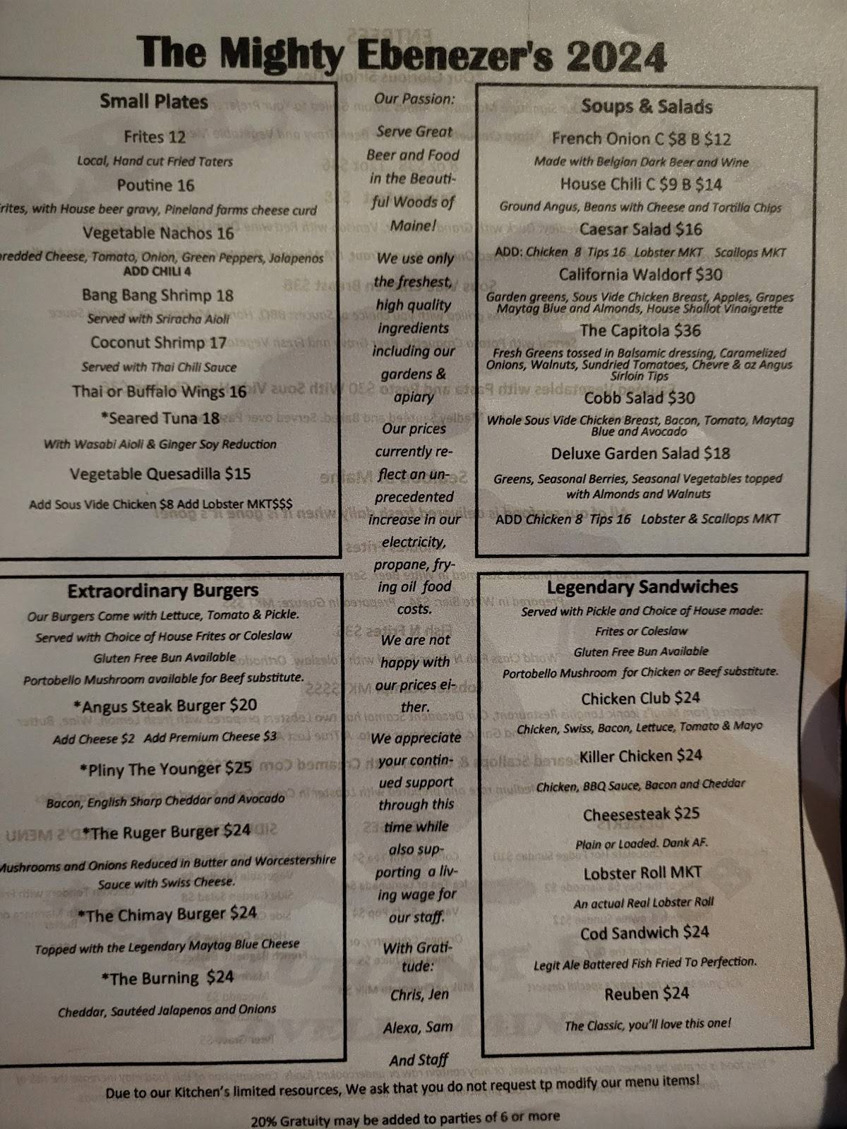 Menu at Ebenezer's Restaurant & Pub, Lovell