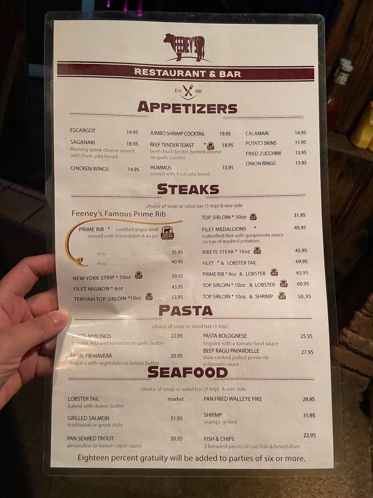 Menu at Feeney's Restaurant & Bar, Phoenix
