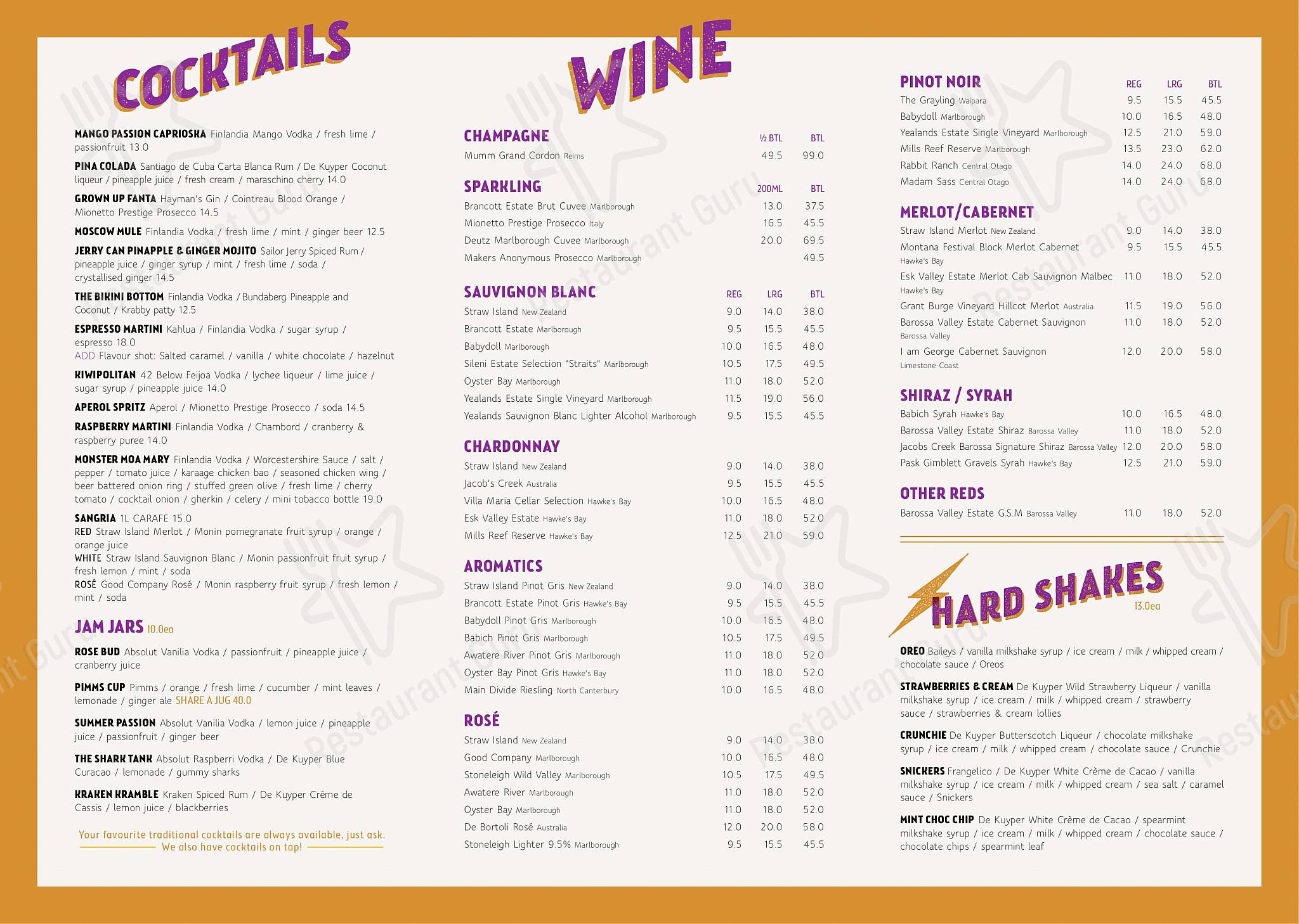 Menu at The Flying Moa pub & bar, Auckland