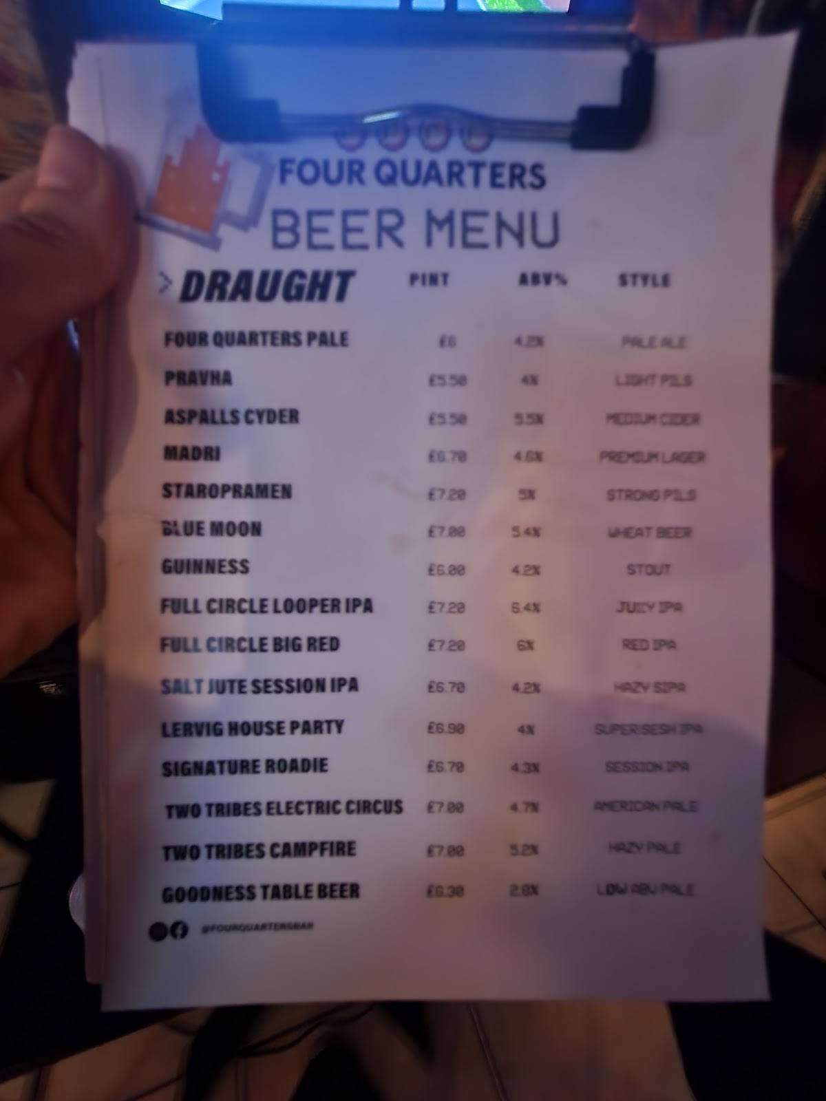 Menu at Four Quarters Peckham pub & bar, London, 187 Rye Ln