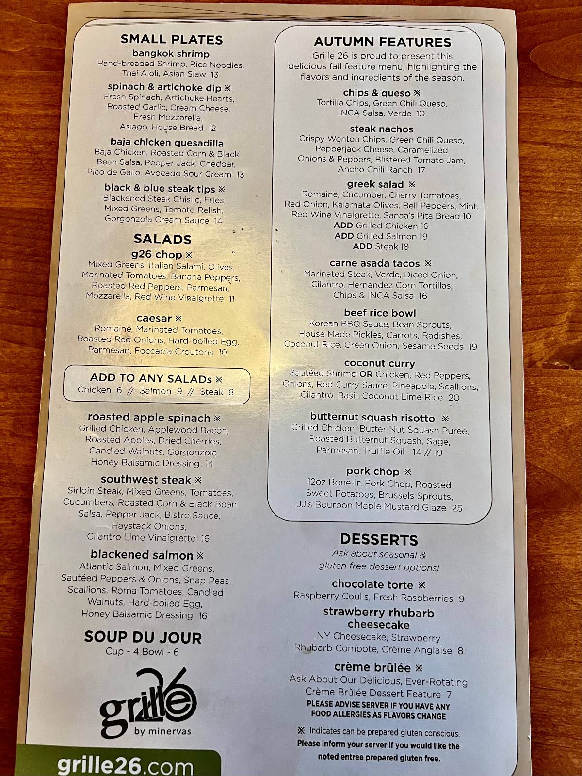 Menu at Grille 26 pub & bar, Sioux Falls, S Western Ave