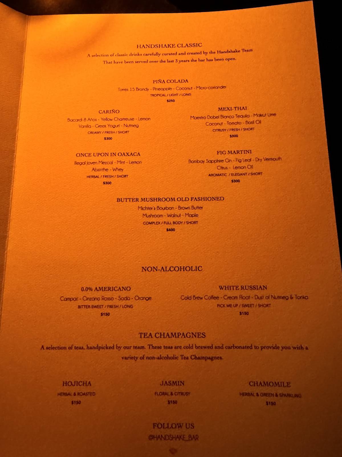 Menu at Handshake Speakeasy pub & bar, Mexico City, C. Amberes 65