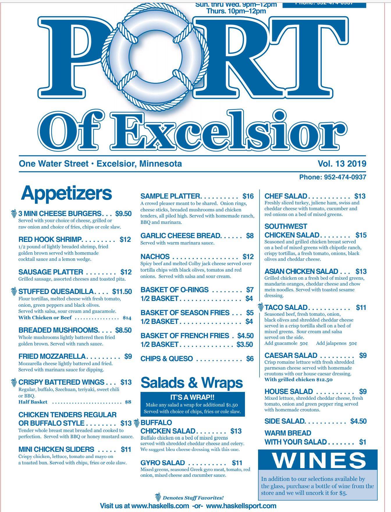 Carta del pub y bar Haskell's Port of Excelsior, Excelsior