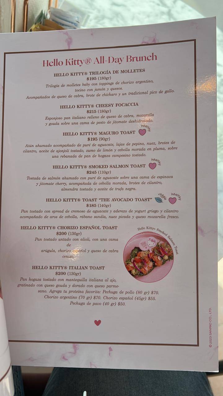 Carta de Hello Kitty Café, Ciudad de México