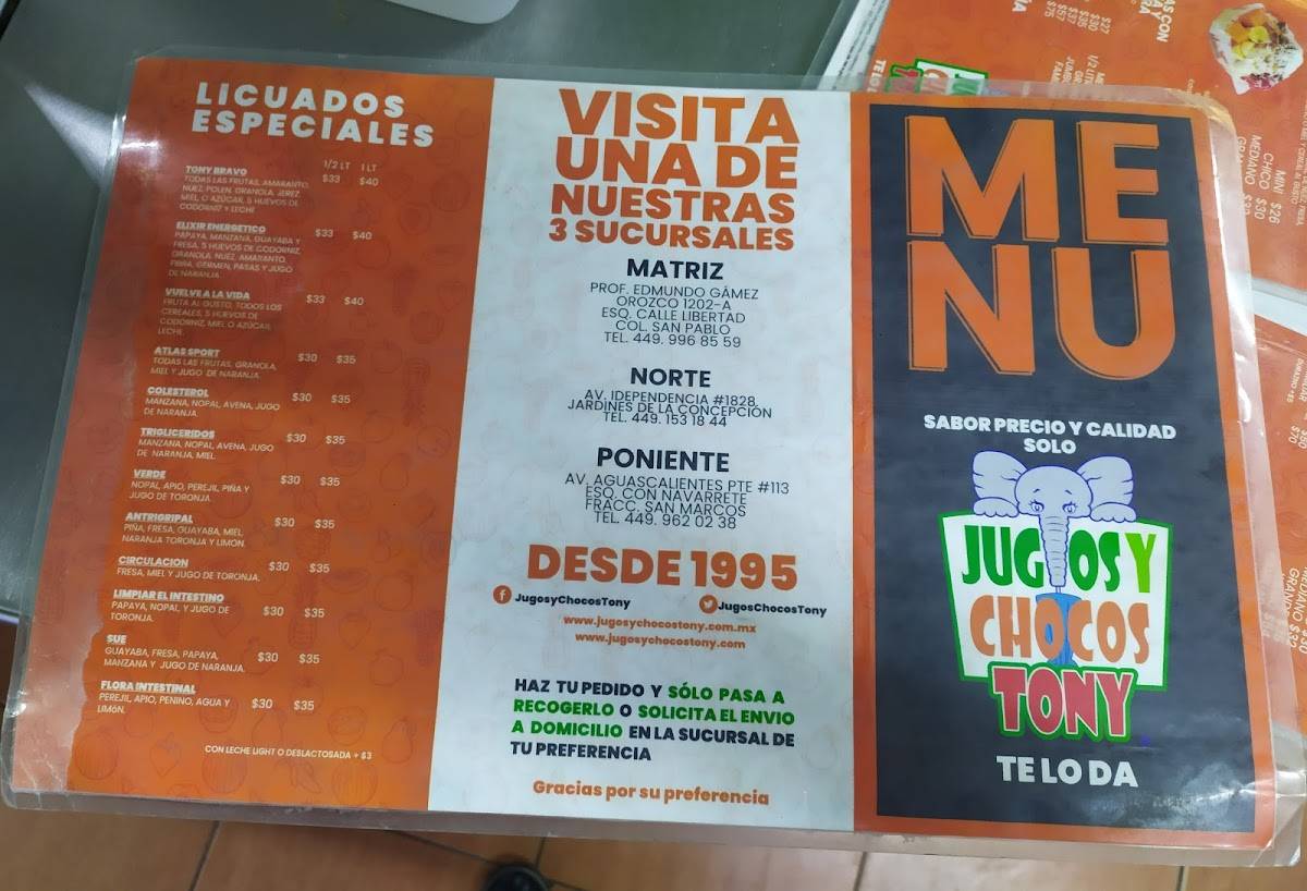 Carta del pub y bar Jugos y Chocos Tony, Aguascalientes, Profesor ...