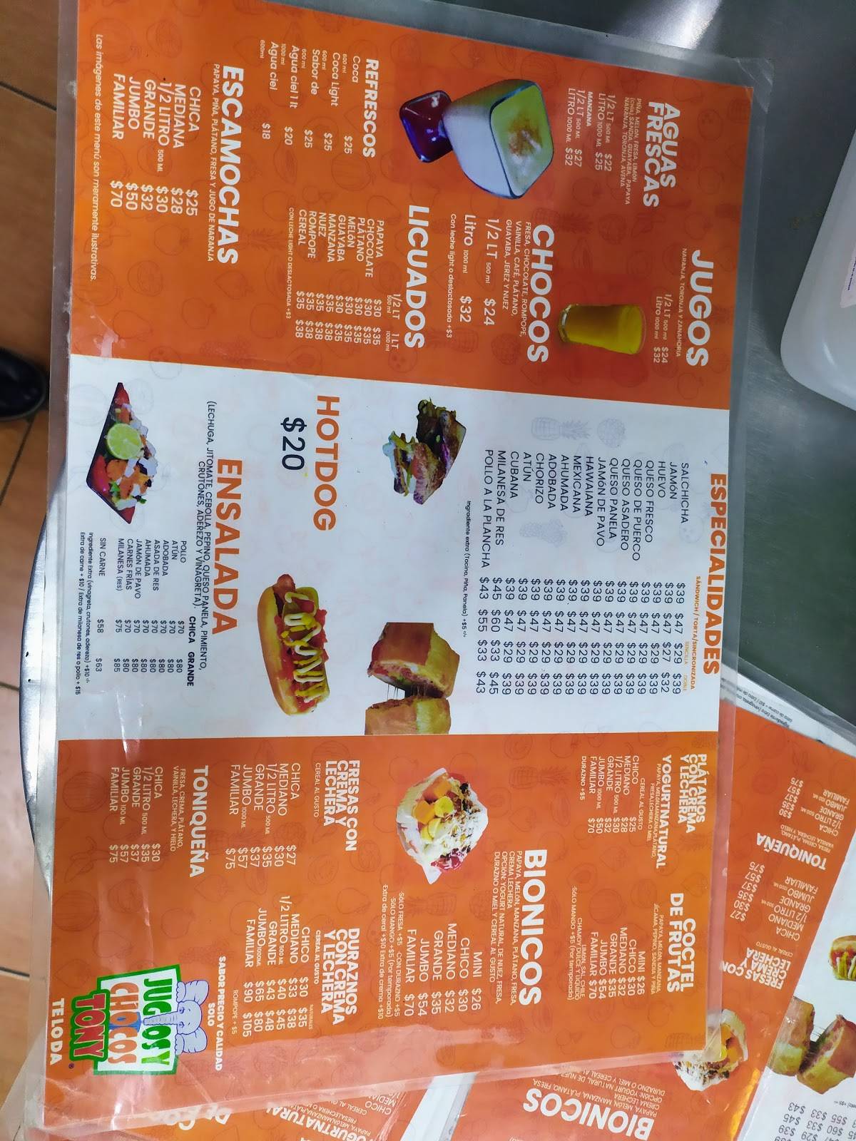 Carta del pub y bar Jugos y Chocos Tony, Aguascalientes, Profesor ...