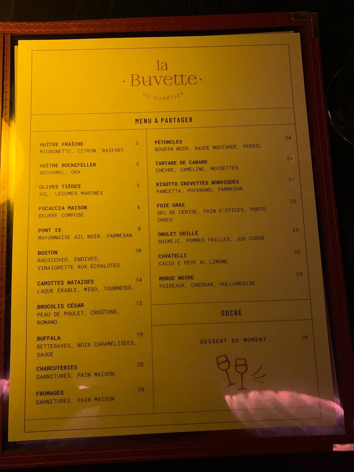 Carta del pub y bar La Buvette du Quartier, Brossard