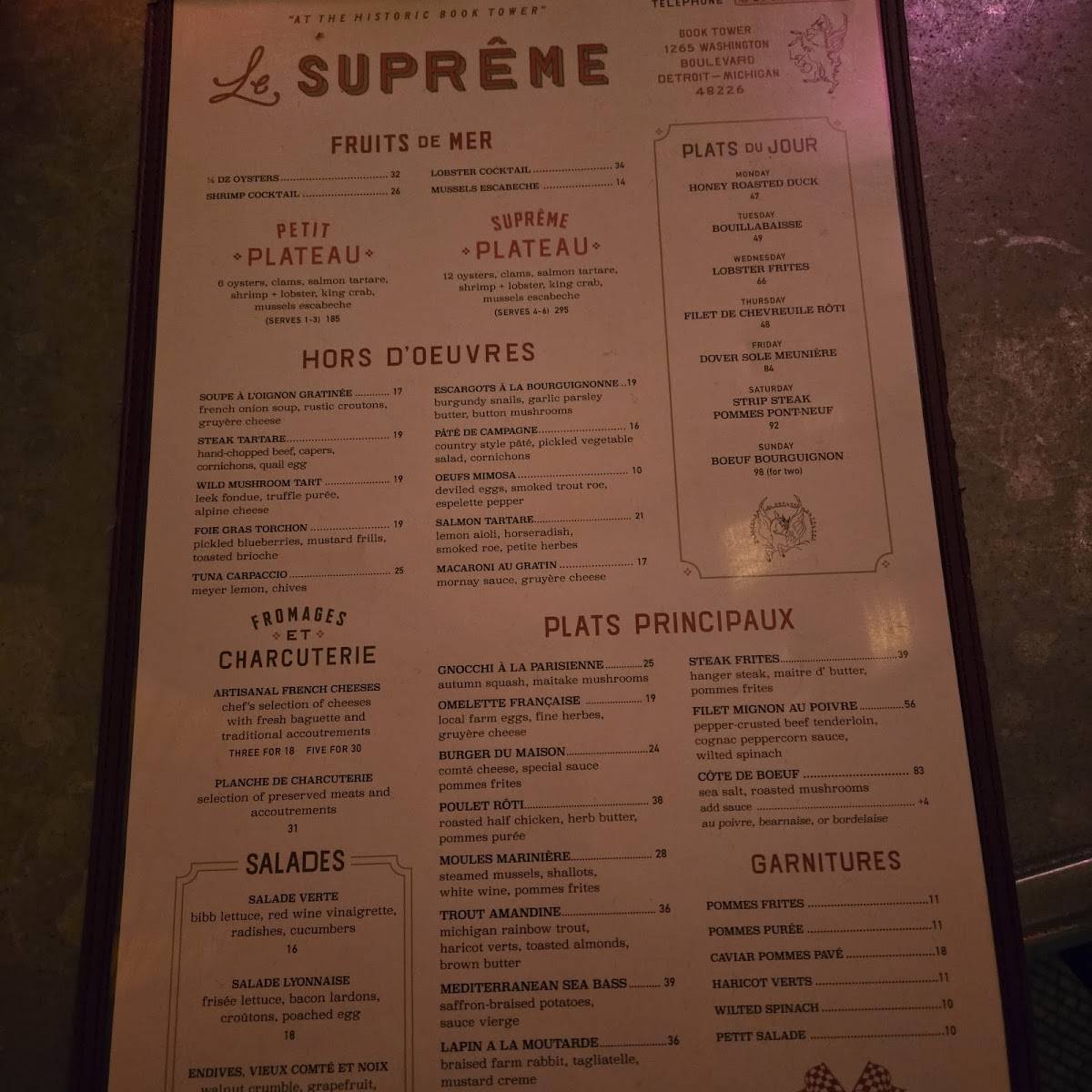 Menu at Le Suprême pub & bar, Detroit
