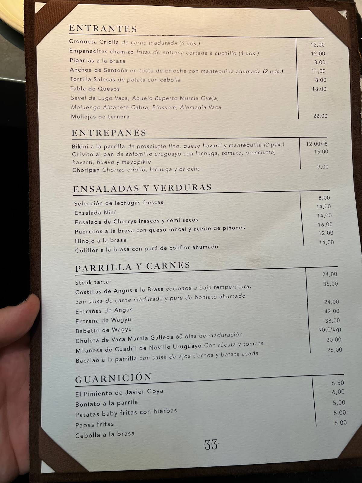 Carta de Los 33 Restaurante, Madrid