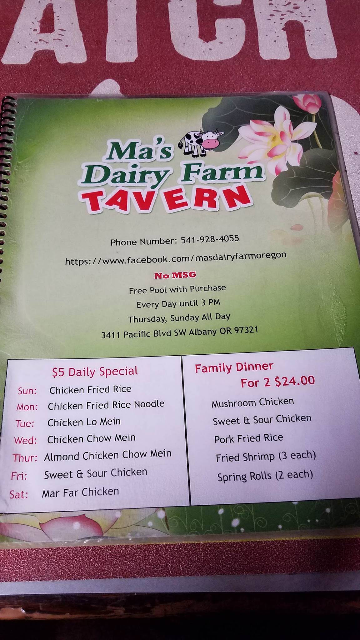 Menu at Ma’s Dairy Farm pub & bar, Albany