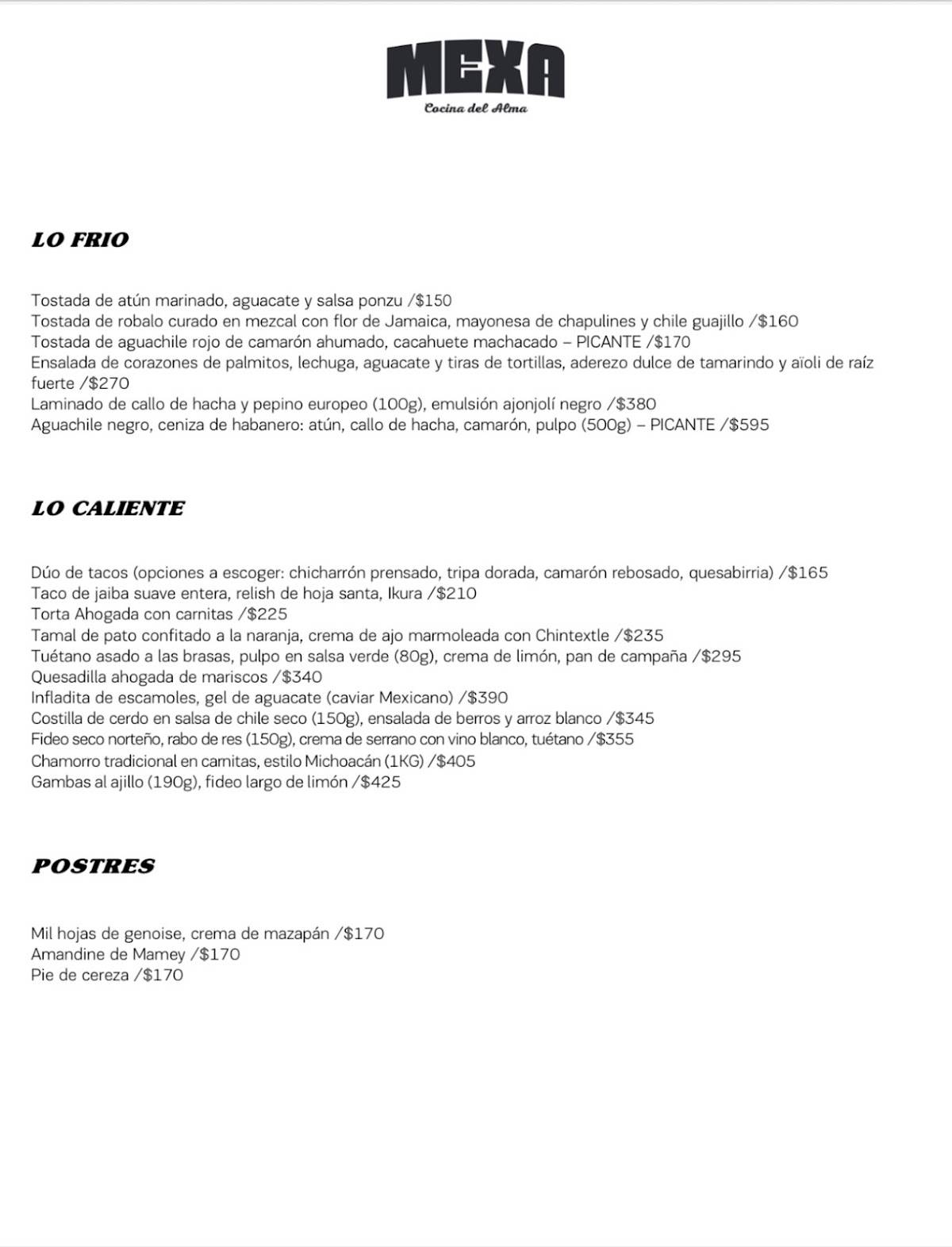 Carta del pub y bar Mexa Cocina del Alma, Ciudad del México, Av. Álvaro ...