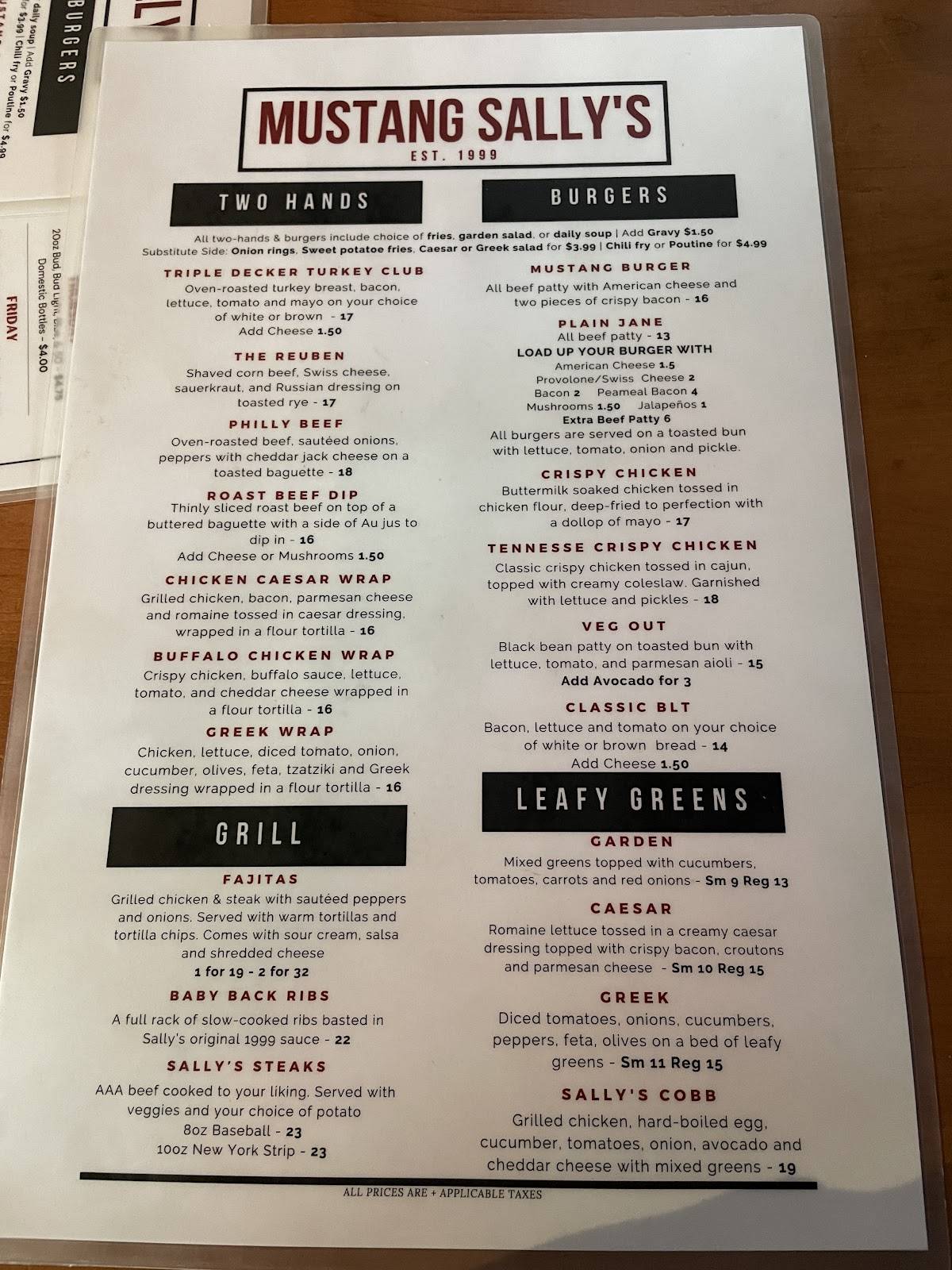 Menu at Mustang Sally's pub & bar, London