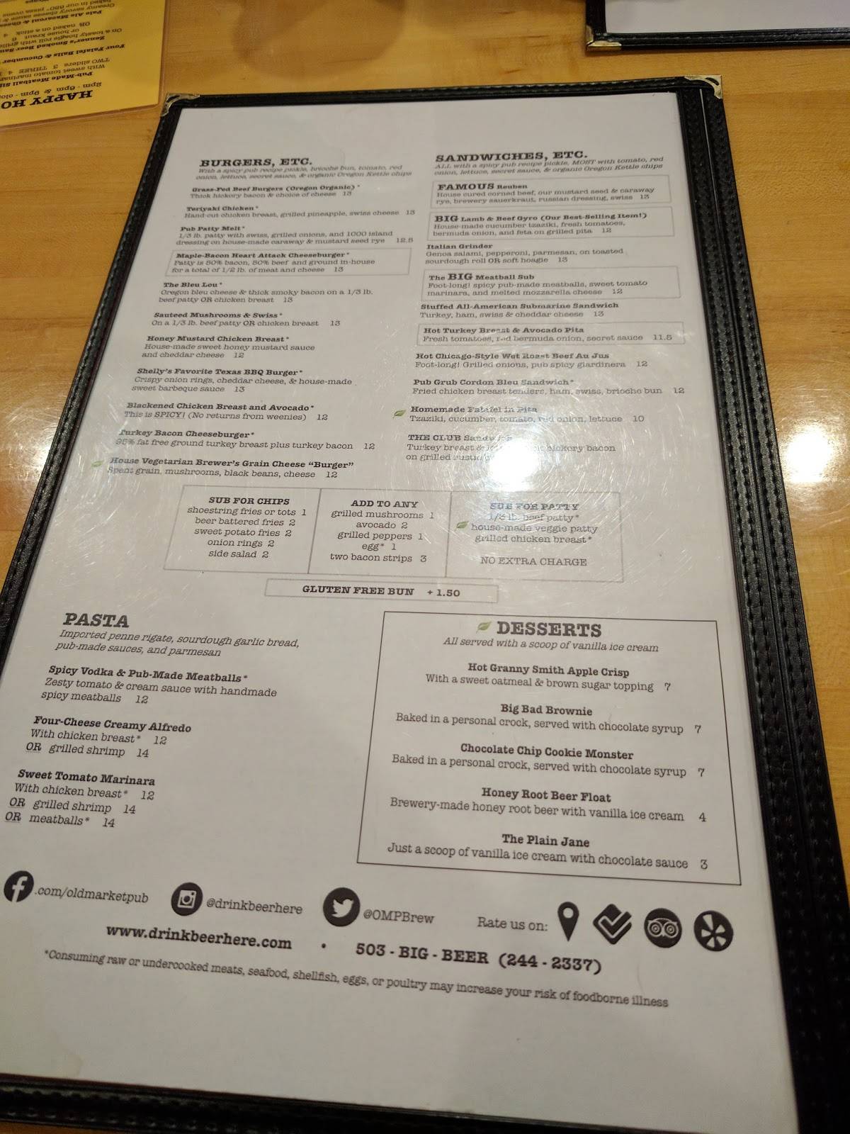 Menu at Old Market Pub & Brewery, Portland