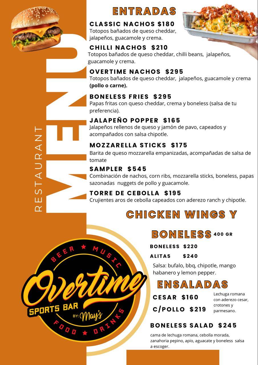 Menu at Overtime Sports Bar, Ensenada