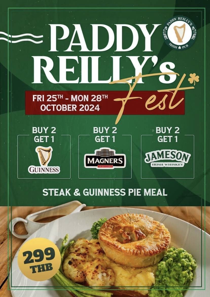Menu at Paddy Reilly’s Irish Pub, Bangkok