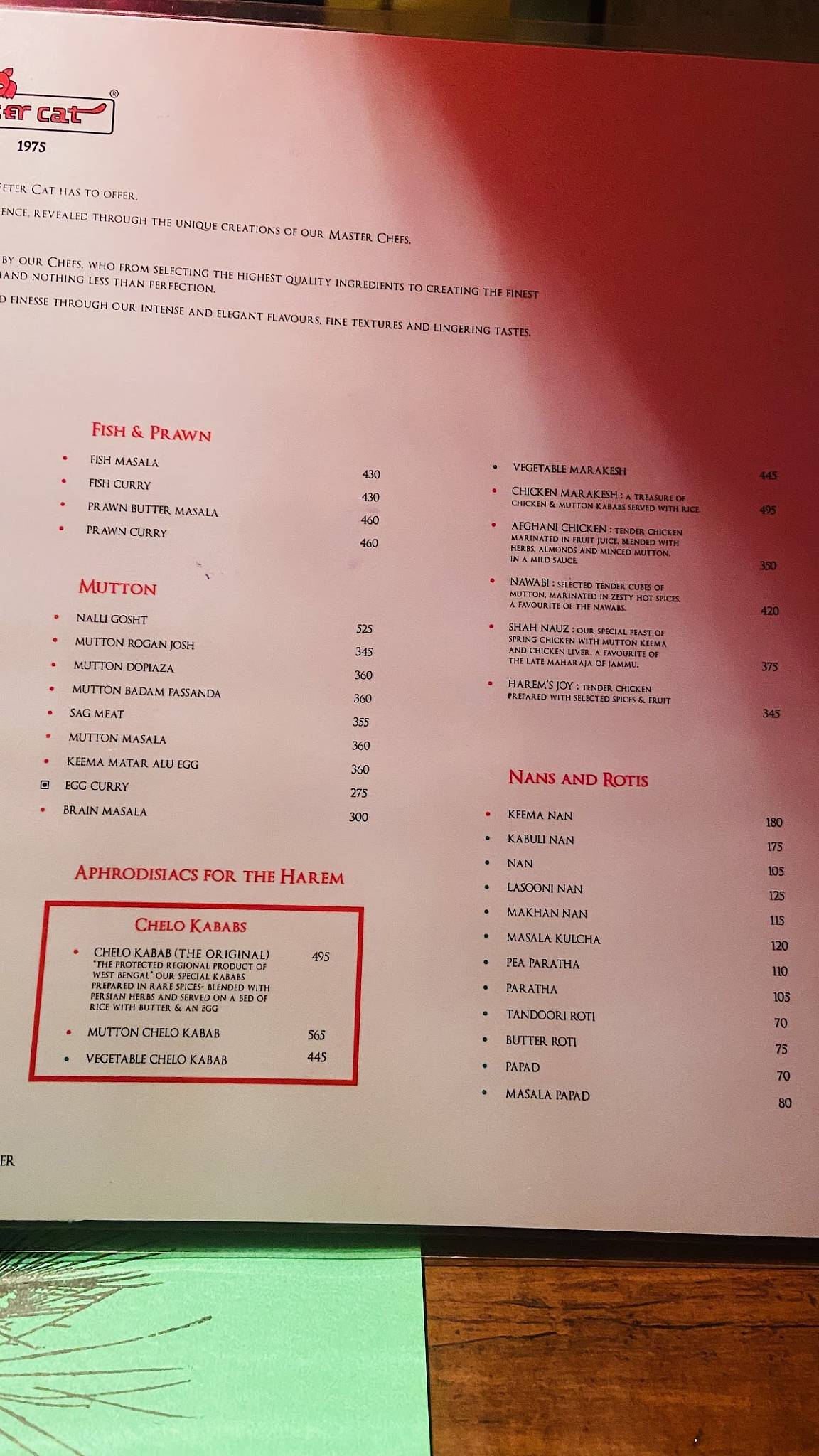 Menu at Peter Cat, Kolkata