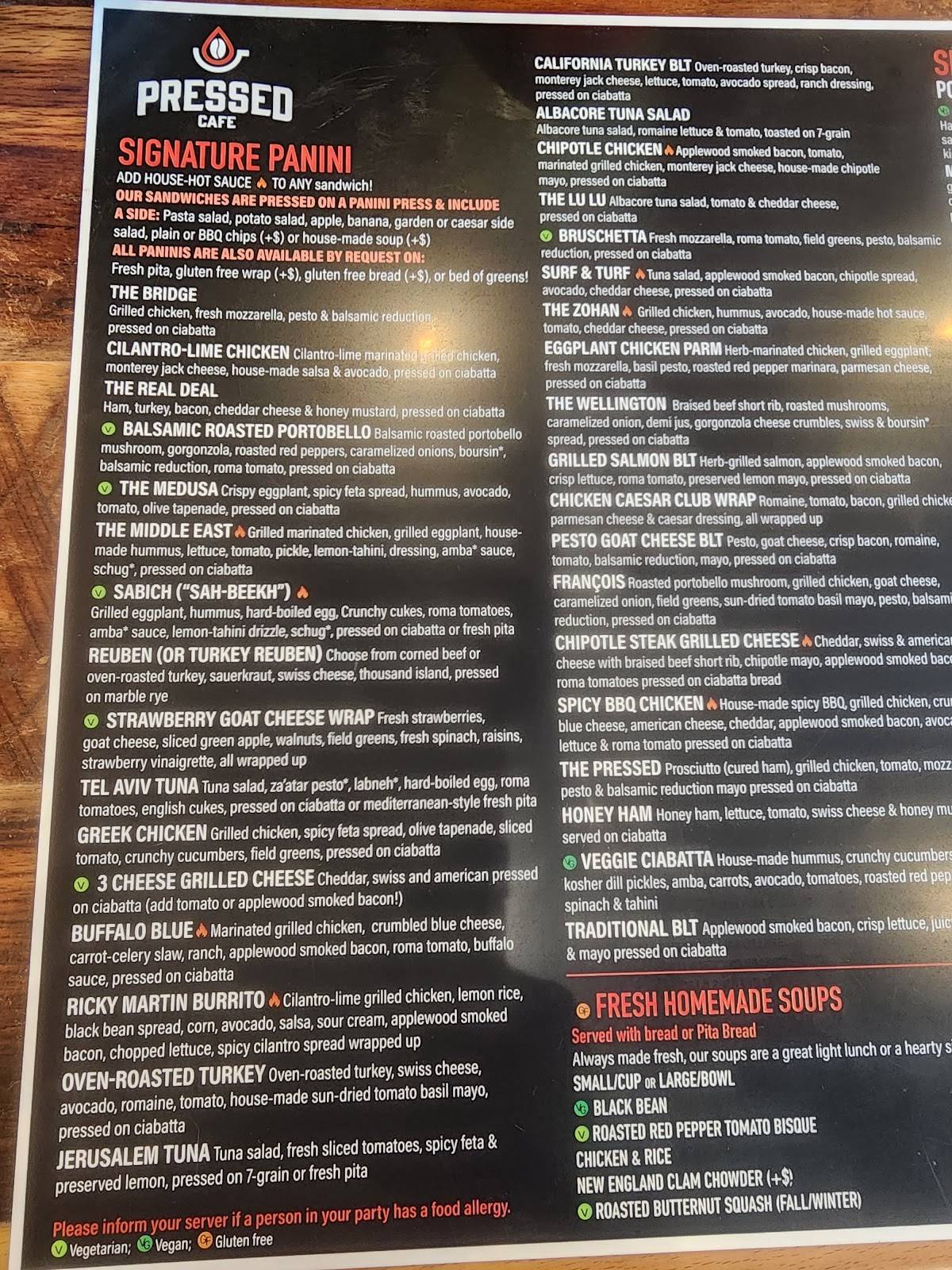 Menu at Pressed Cafe Burlington, Burlington