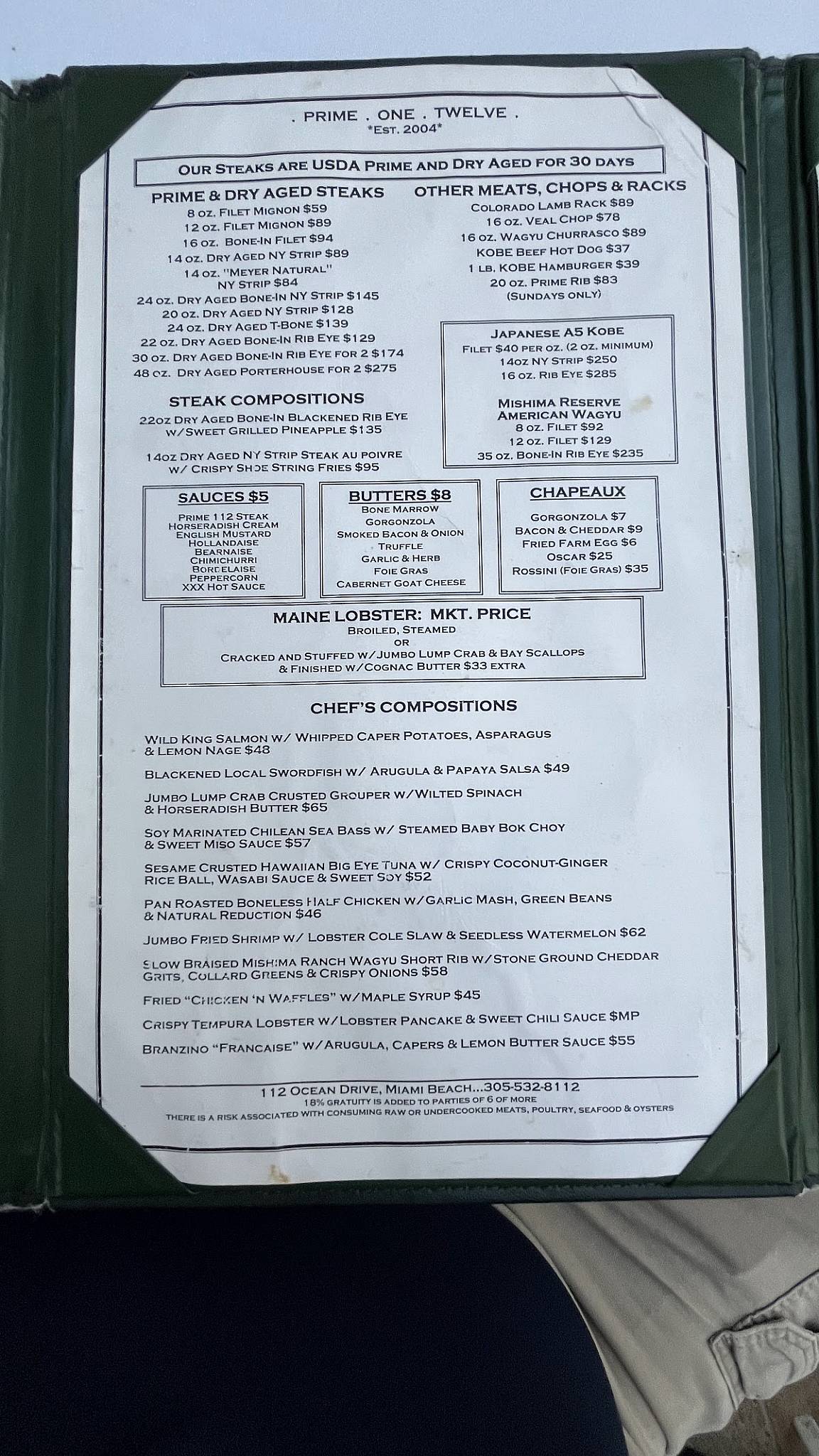 Menu at Prime 112 Restaurant, Miami Beach