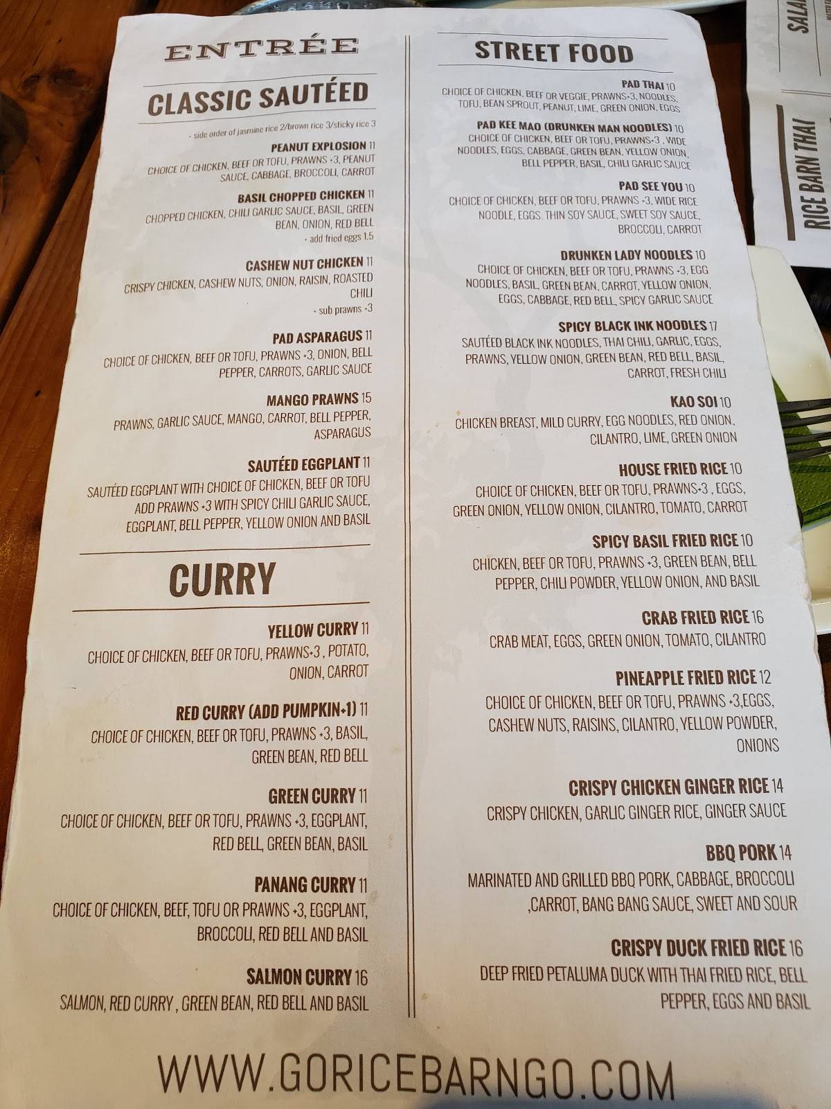 Menu at Rice Barn Thai Eatery and Wine Bar, Vacaville