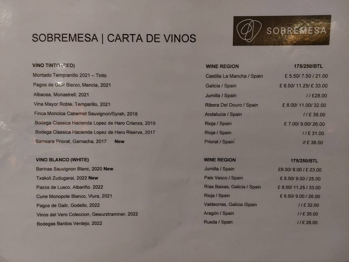 Menu at Sobremesa pub & bar, Newcastle upon Tyne