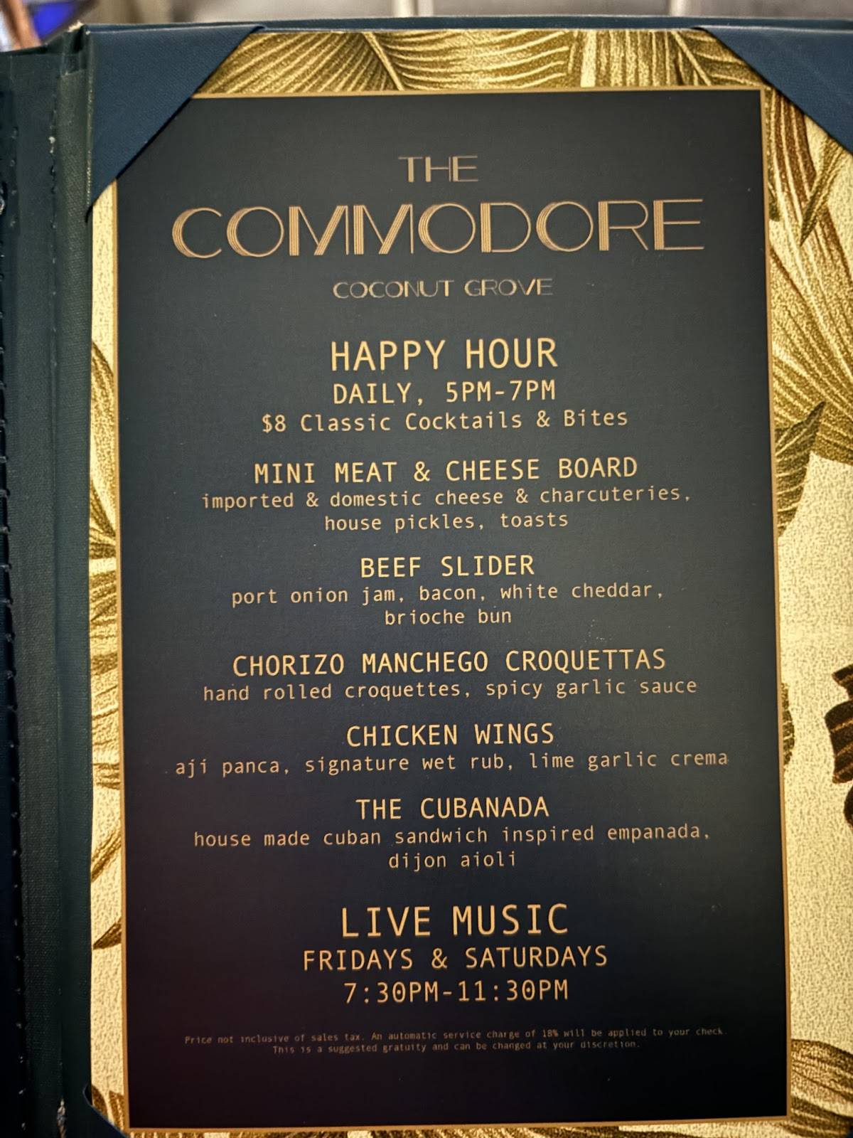 Carta del pub y bar The Commodore, Miami