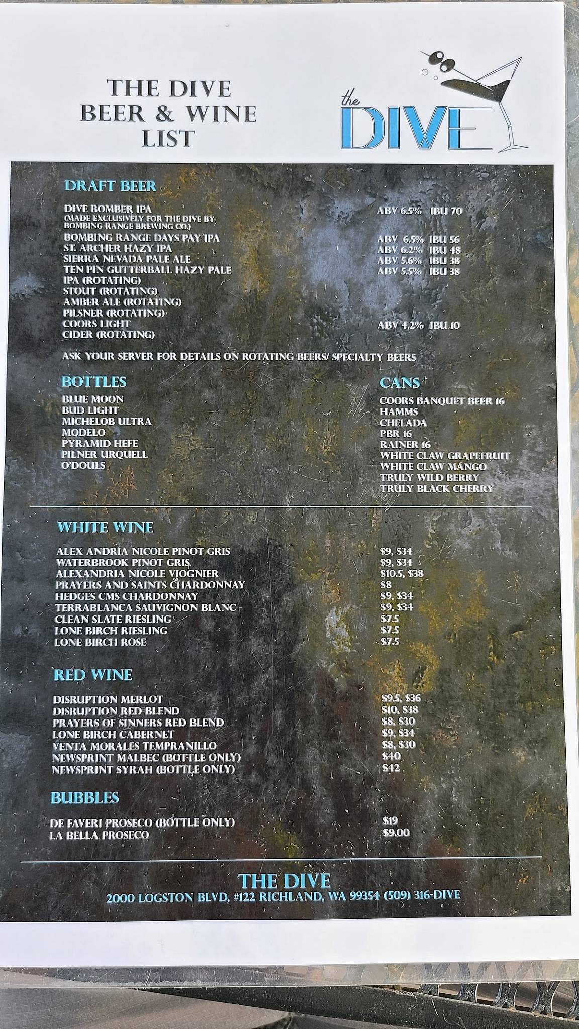 Menu at The Dive pub & bar, Richland