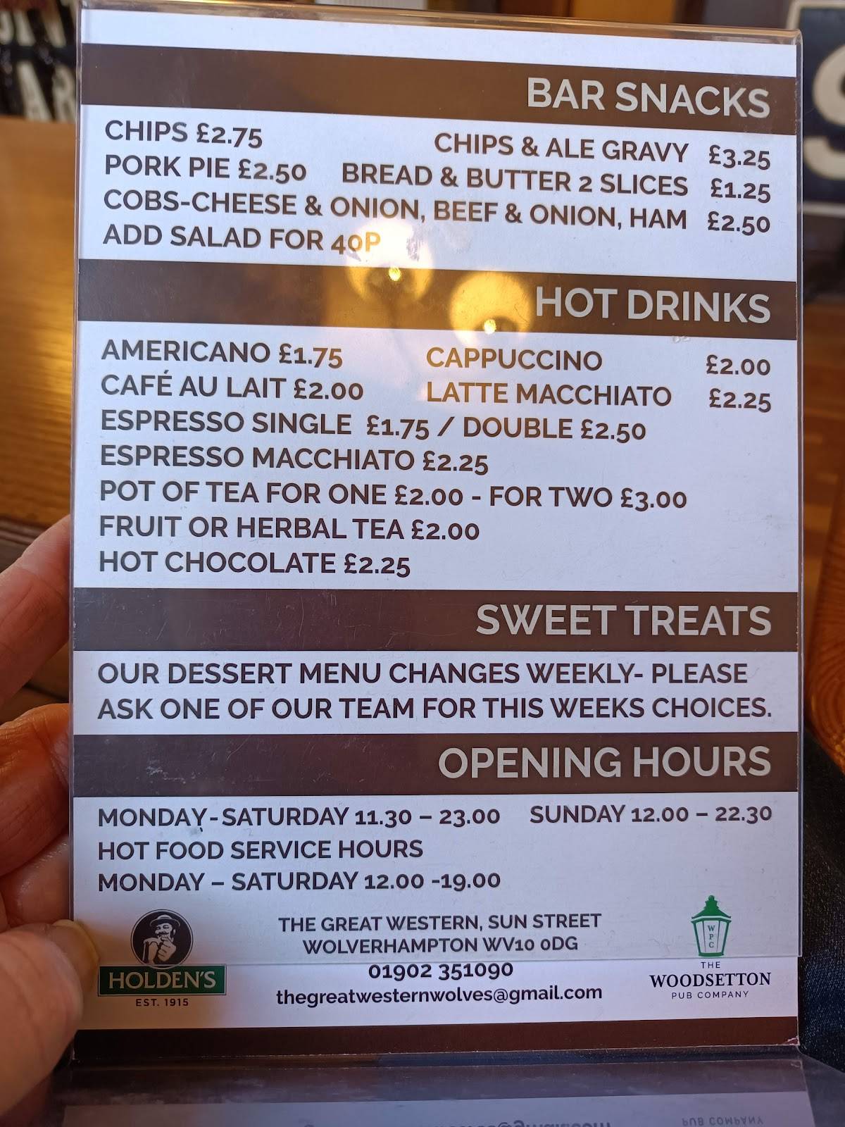 Menu at The Great Western pub & bar, Wolverhampton, Corn Hill