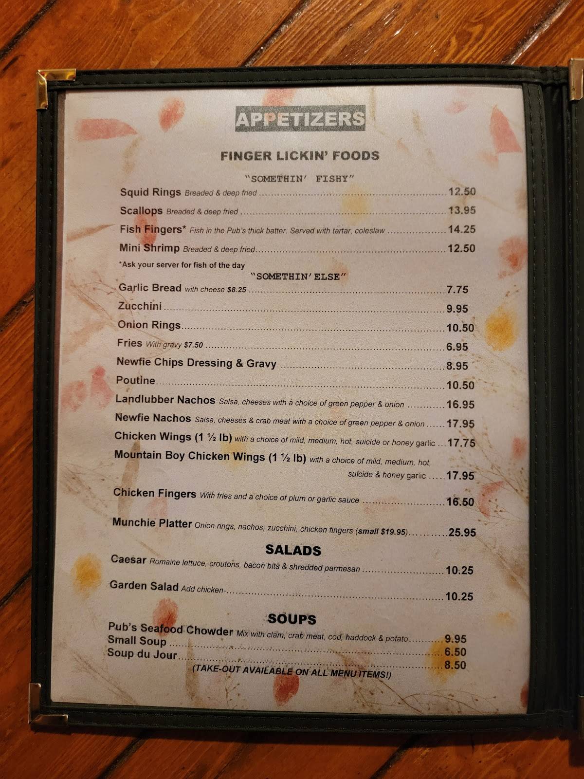 Menu at The Newfoundland Pub, Ottawa