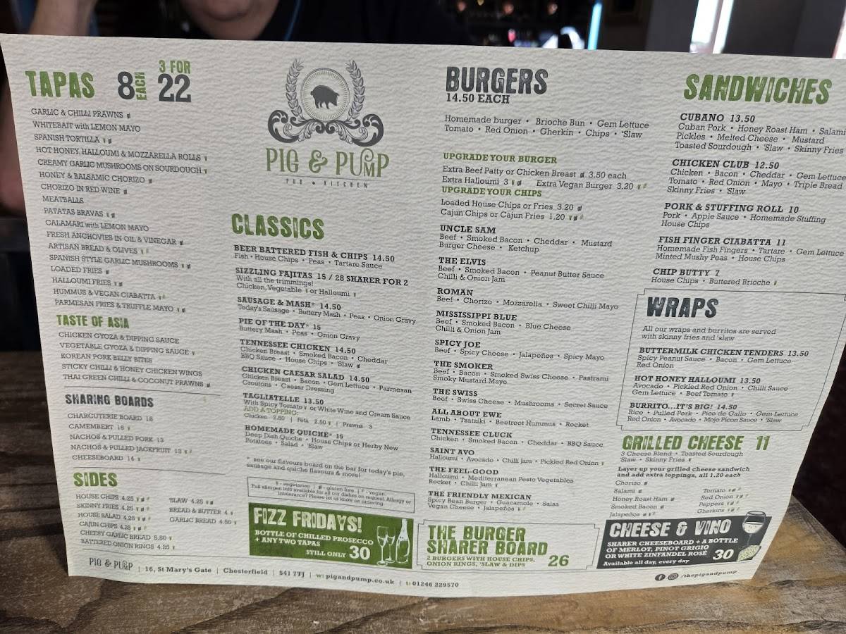 Menu at The Pig & Pump pub & bar, Chesterfield