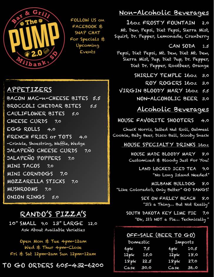 Menu at The Pump 2.0 pub & bar, Milbank