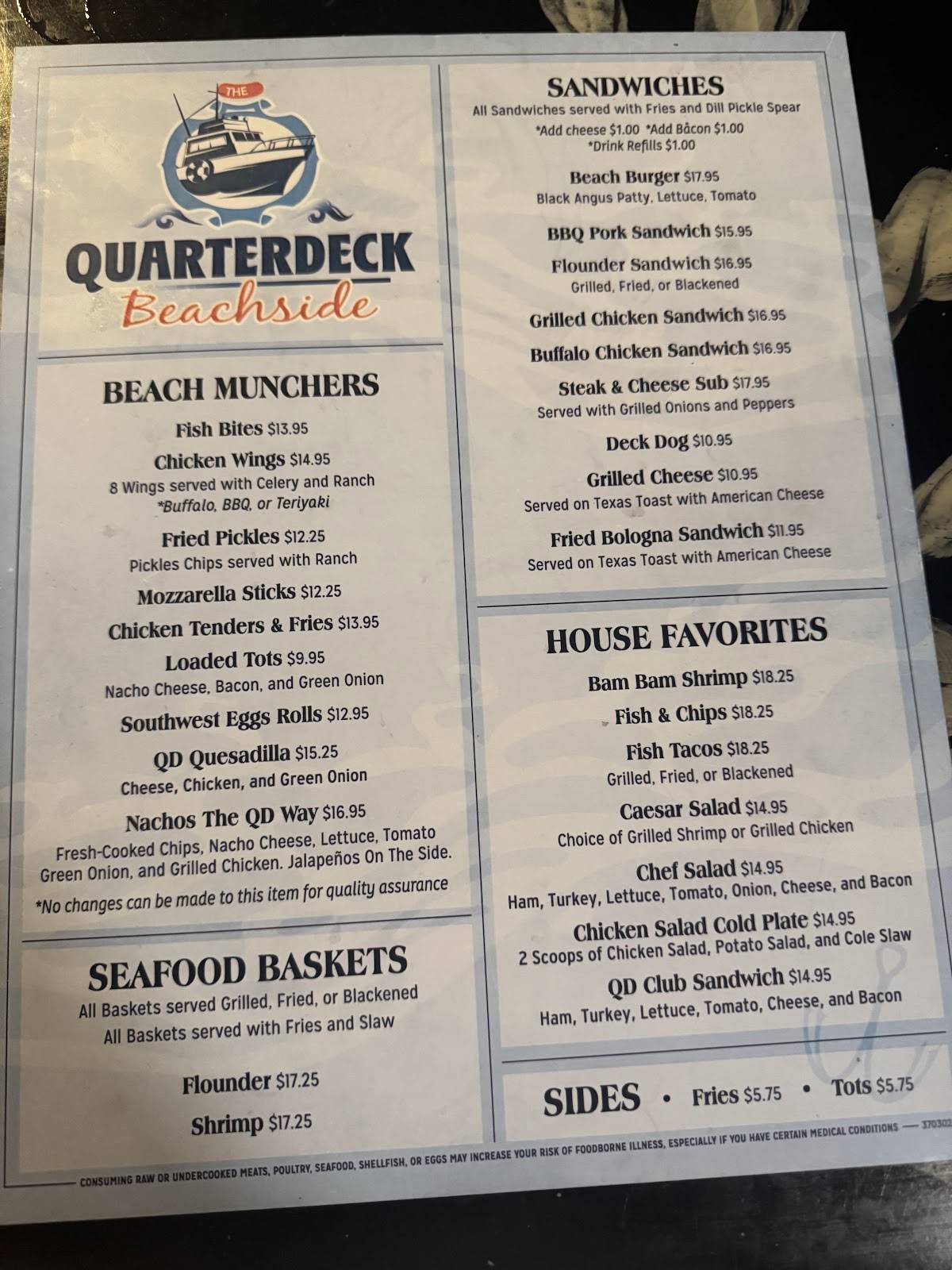 Menu at The Quarter Deck pub & bar, Myrtle Beach