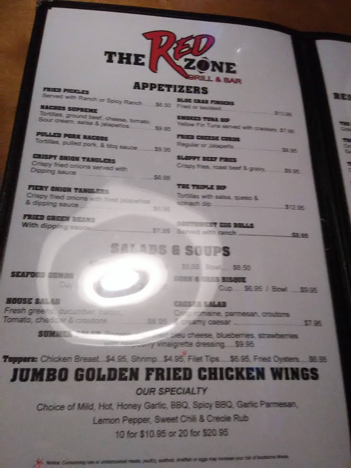 Menu at The Red Zone pub & bar, Diamondhead