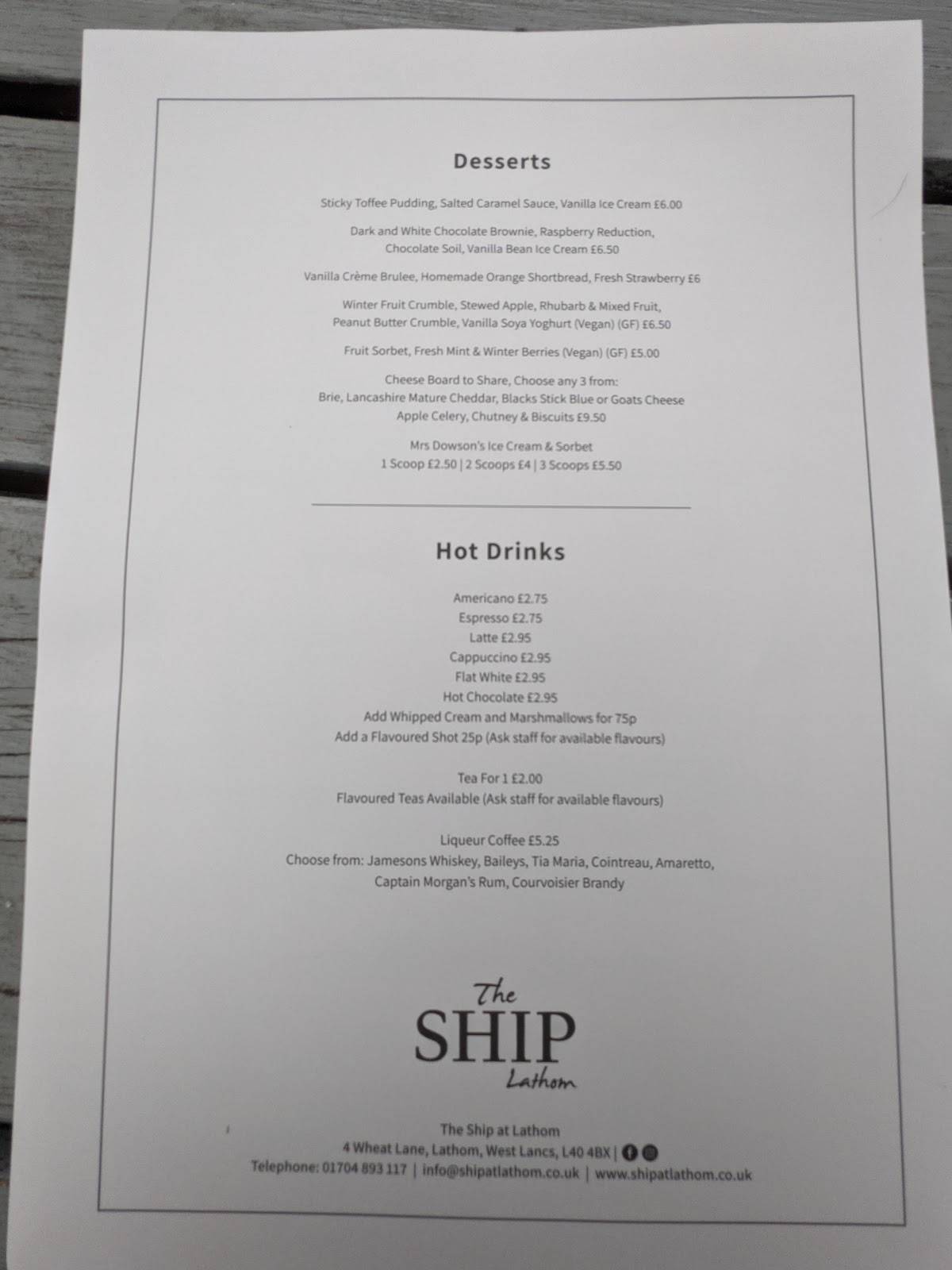 Menu at The Ship at Lathom pub & bar, Ormskirk