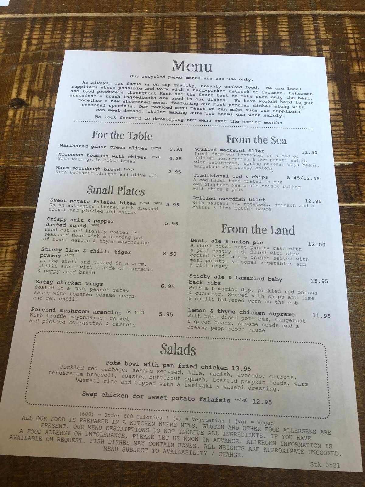 Menu at The Spitfire pub & bar, West Malling