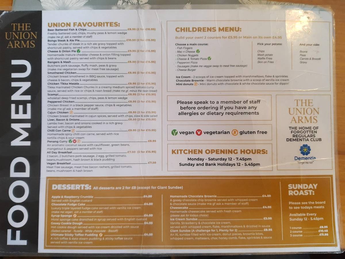 Menu at The Union Arms pub & bar, Tyldesley
