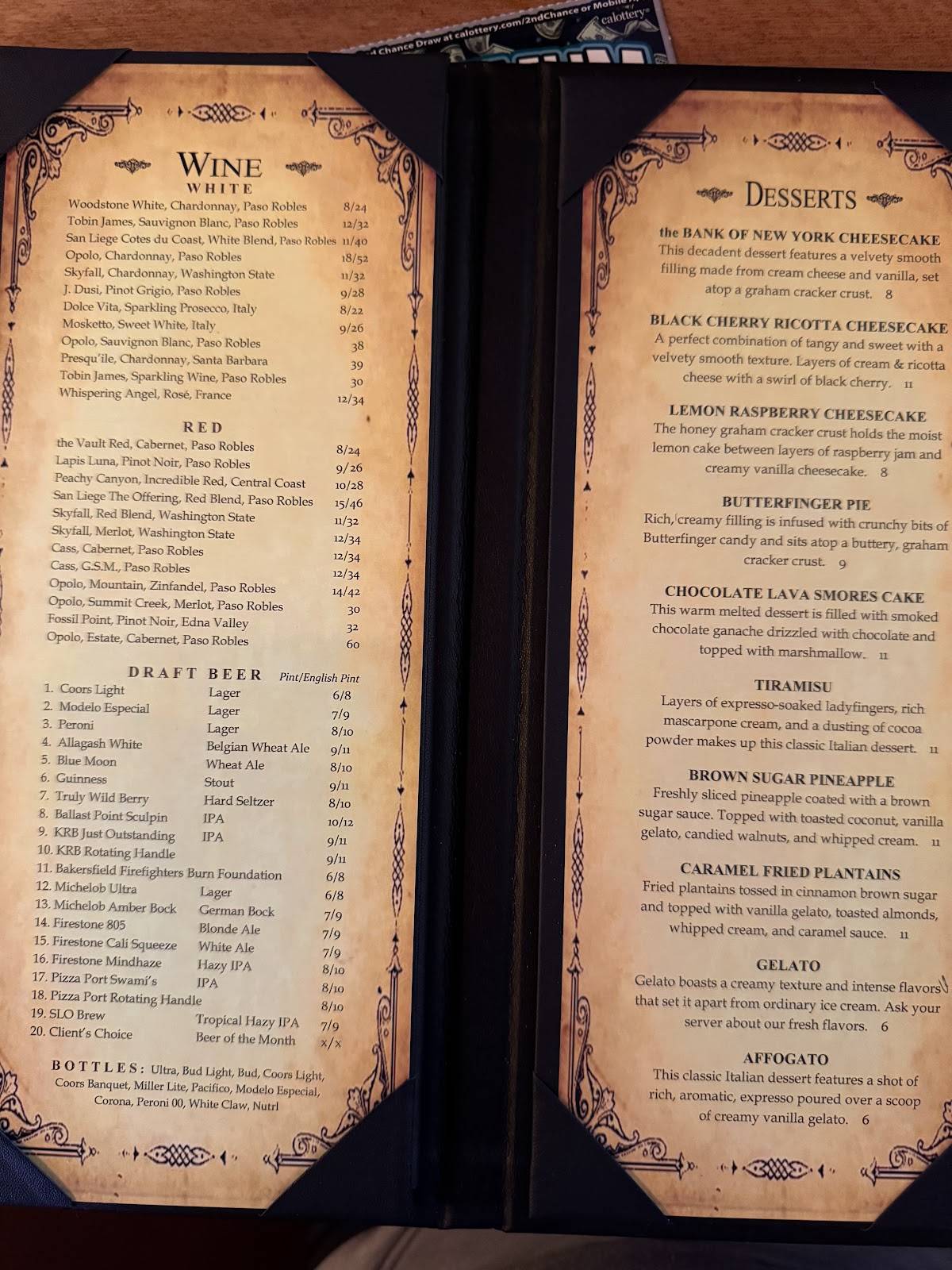 Menu at The Vault pub & bar, Bakersfield
