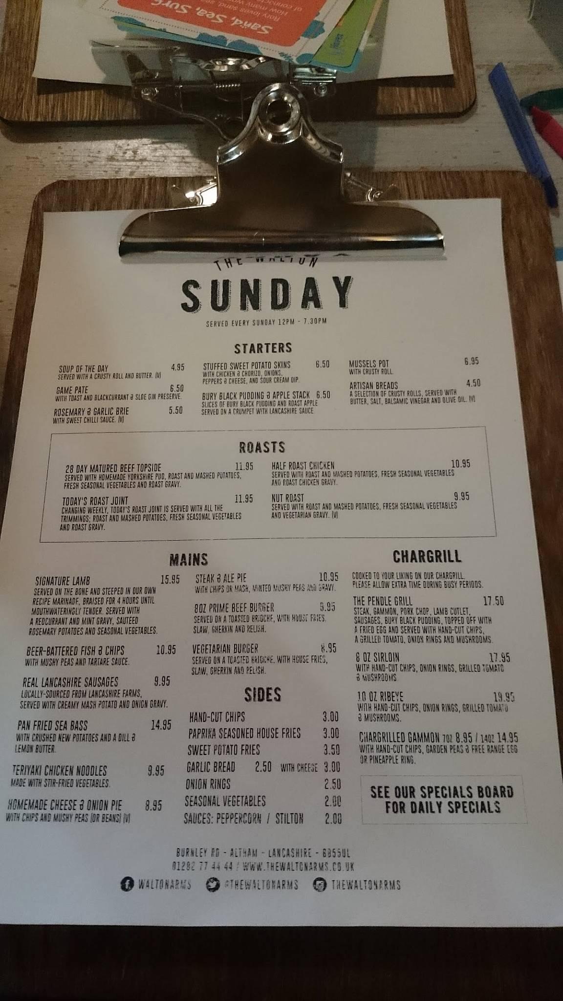 Menu at The Walton Arms, Altham pub & bar, Accrington, Burnley Rd