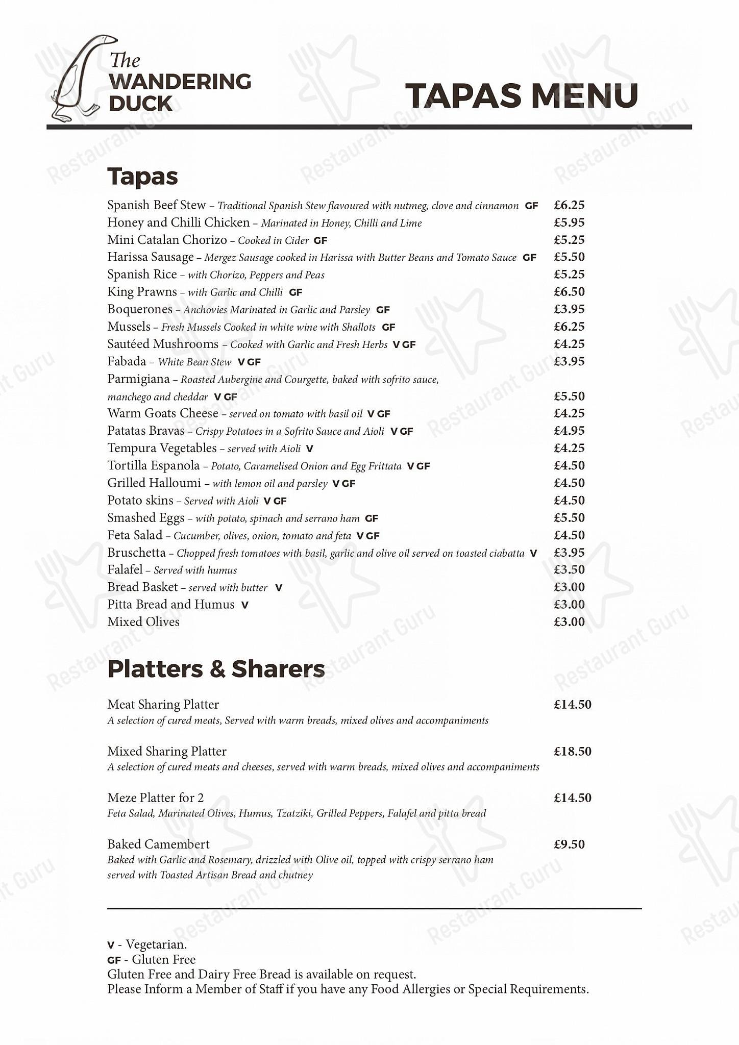 Menu at The Wandering Duck pub & bar, Darlington