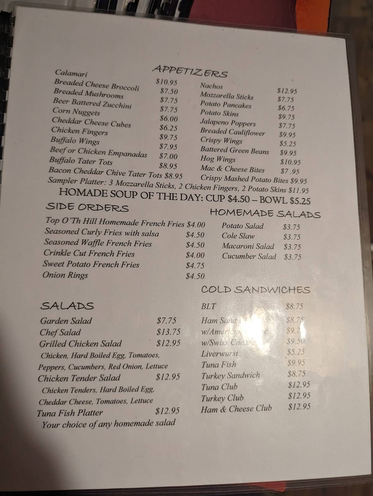 Menu at Top O’Th’ Hill Tavern pub & bar, Bridgewater