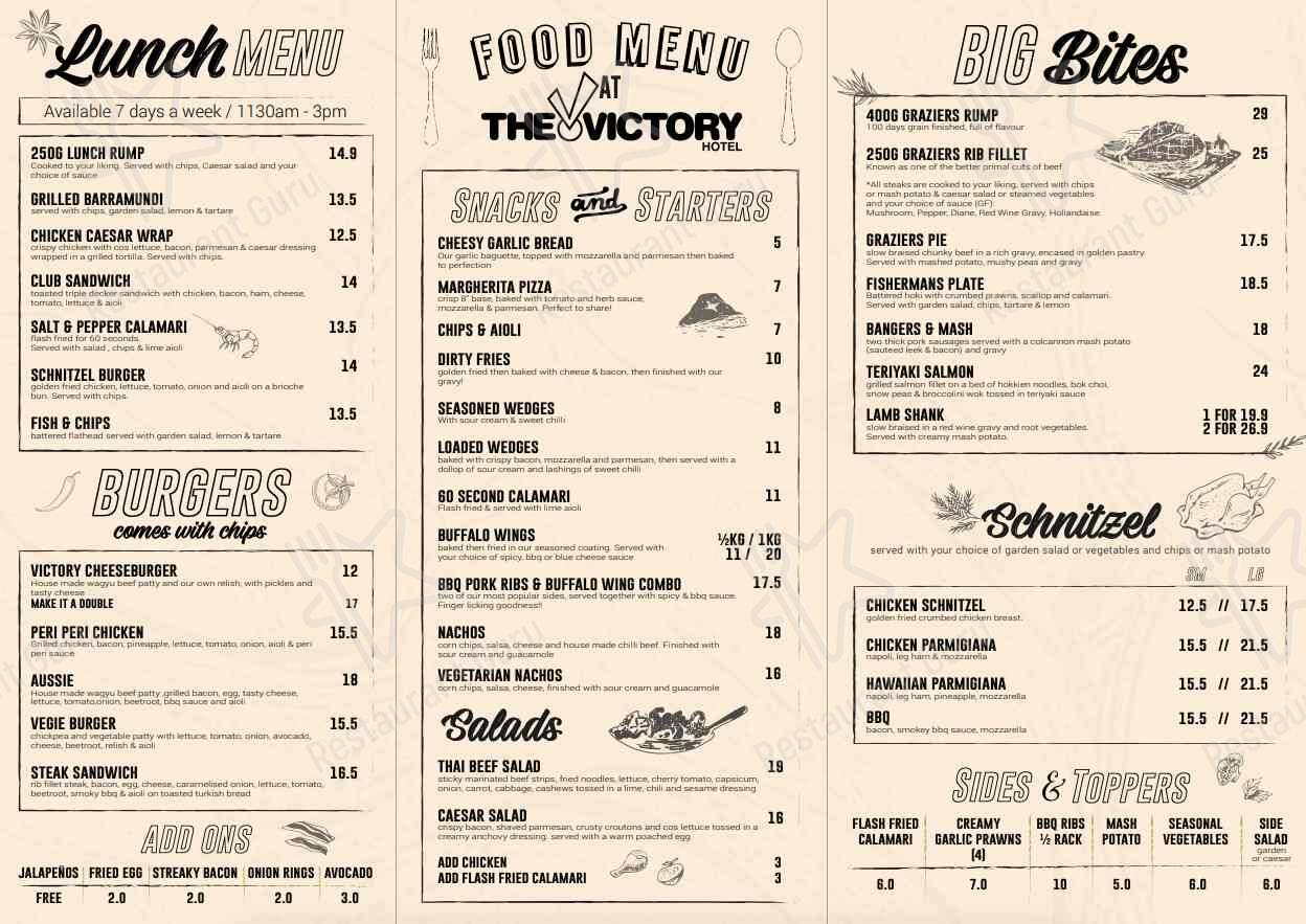 Menu at Victory Hotel pub & bar, Brisbane City