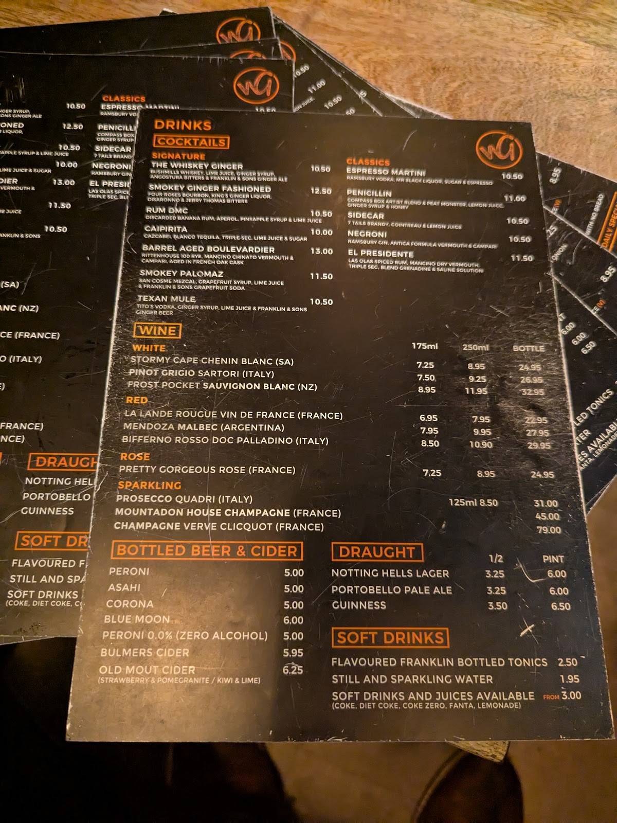Menu at Whiskey Ginger pub & bar, London