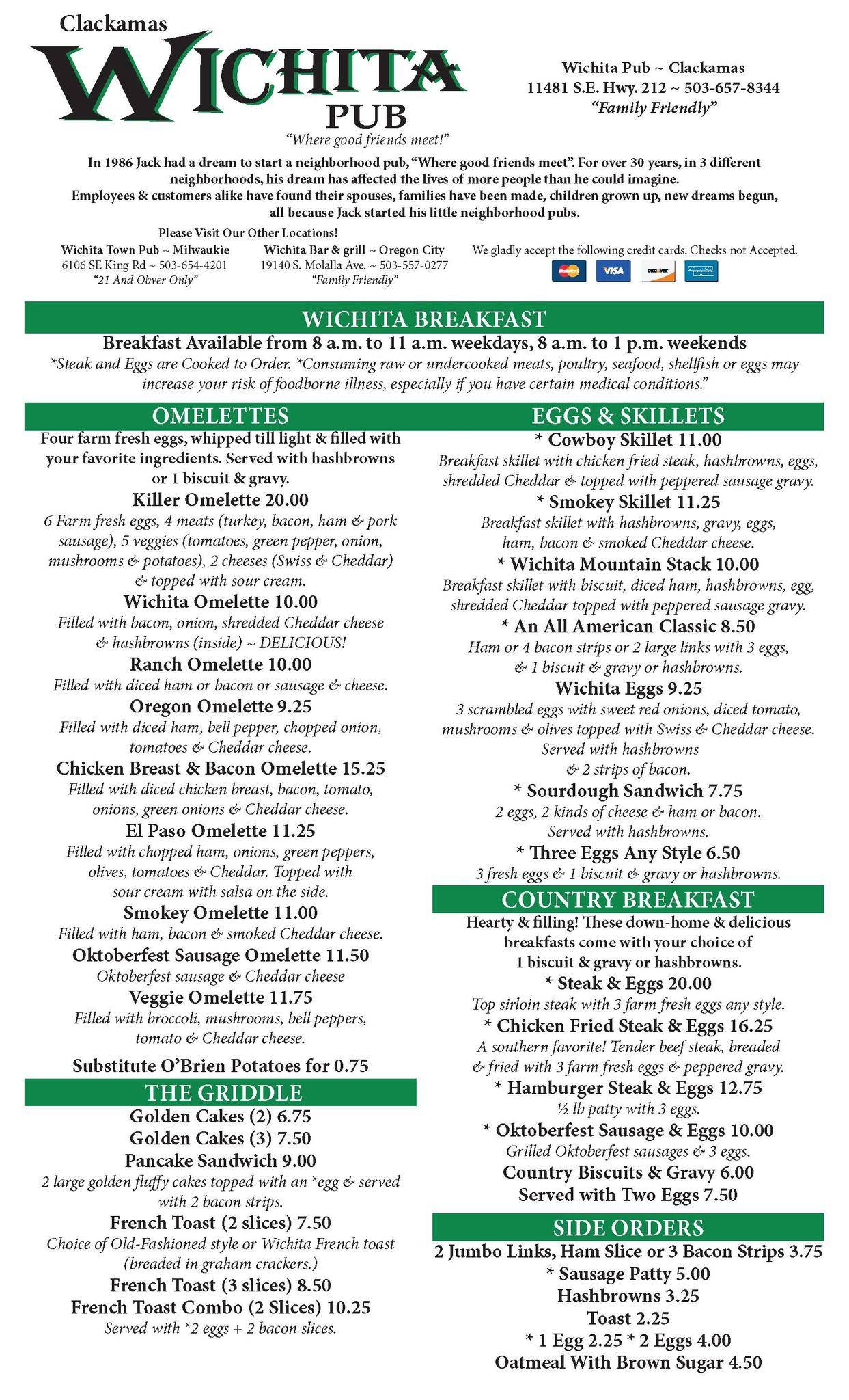 Menu at Wichita Pub, Clackamas