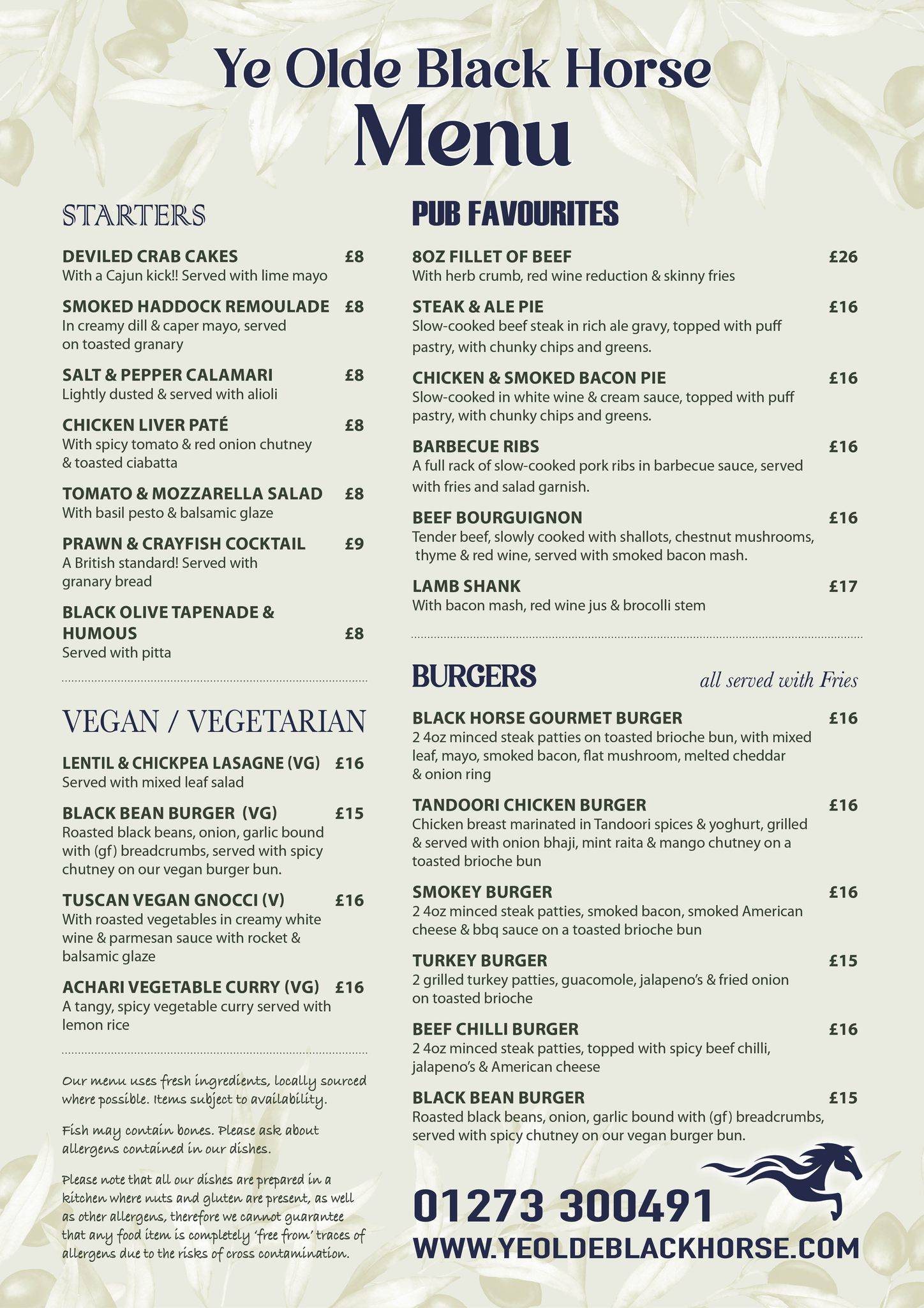 Menu at Ye Olde Black Horse pub & bar, Brighton