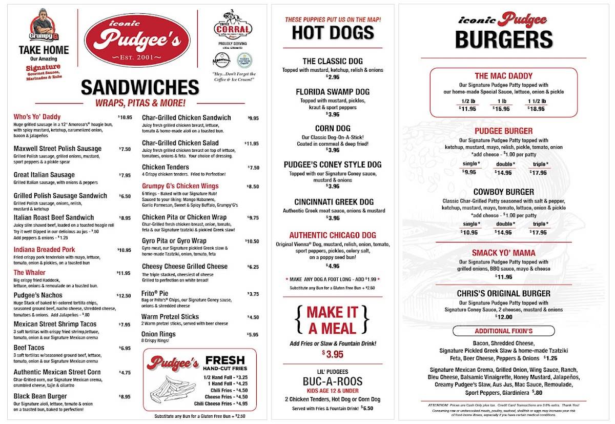 Menu at Pudgee's Eatery and Market restaurant, Floral City