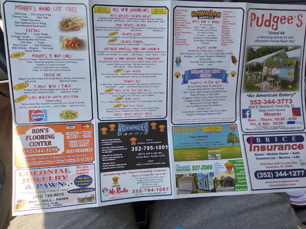 Menu at Pudgee's Eatery and Market restaurant, Floral City
