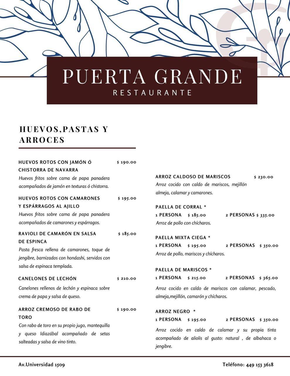 Menu at Puerta Grande restaurant, Aguascalientes, Av. Universidad 1509